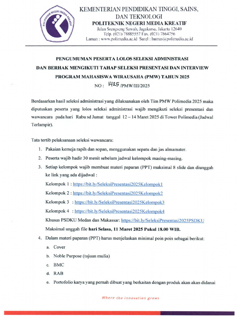 Pengumuman Seleksi Administrasi PMW 2025 | PDF