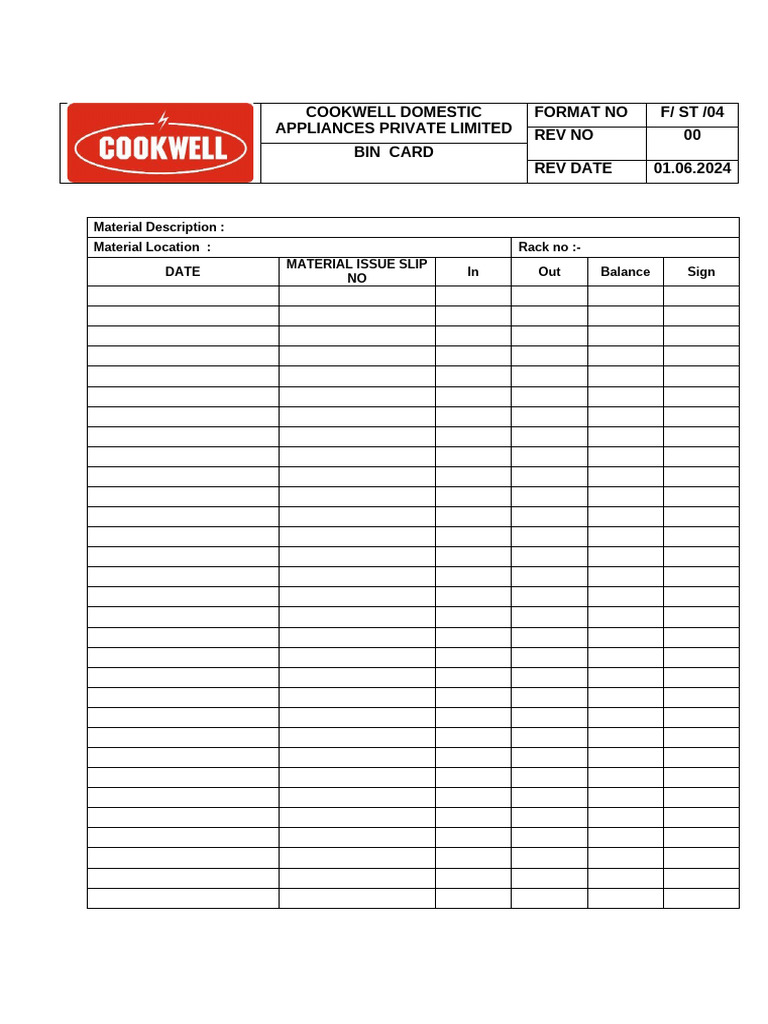Cookwell Appliances Material Issue Slip | PDF