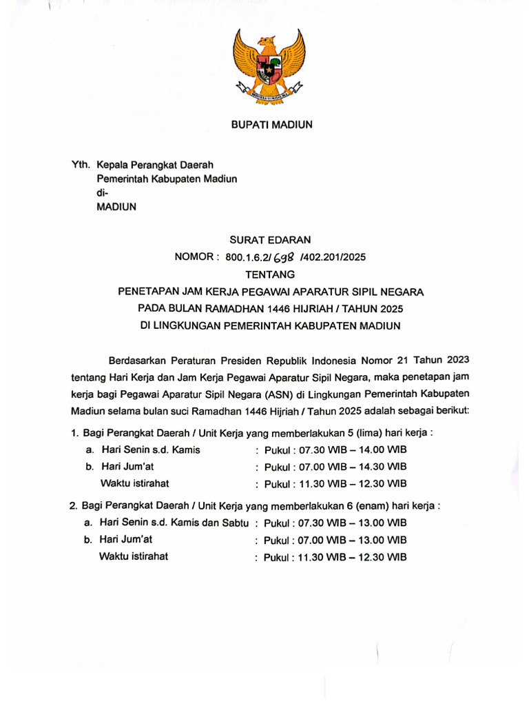 Surat Edaran Penetapan Jam Kerja | PDF
