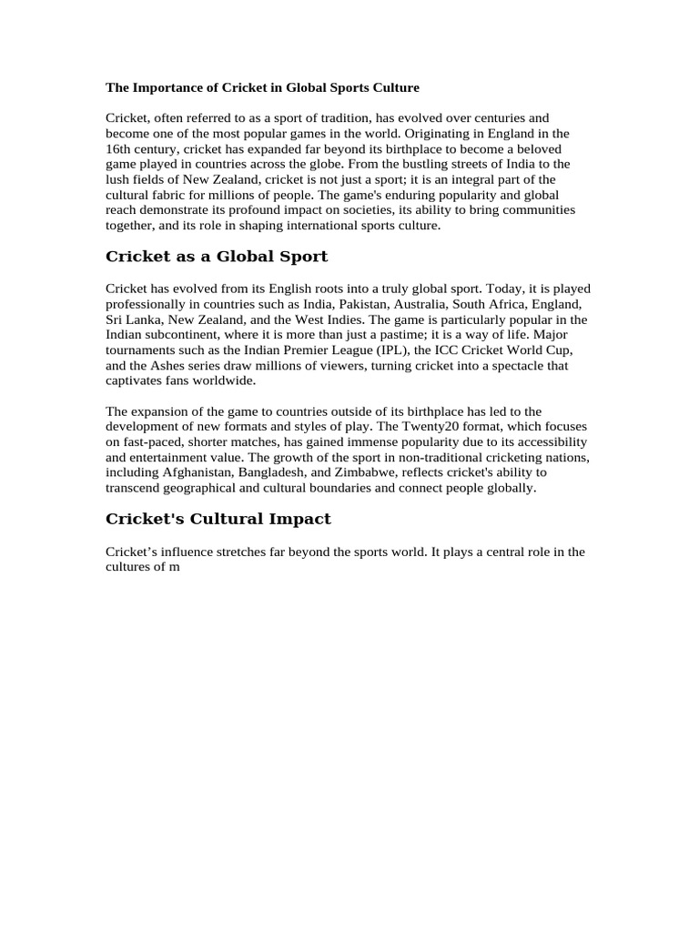The Importance of Cricket in Global Sports Culture | PDF