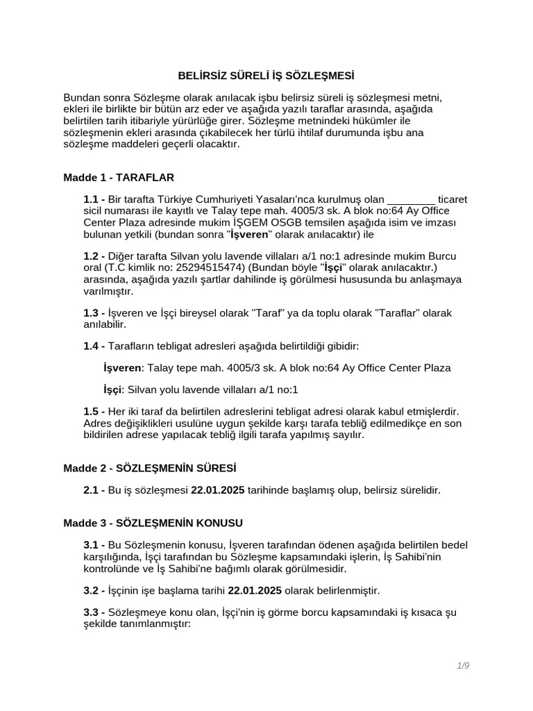 Belirsiz Sureli Is Sozlesmesi | PDF