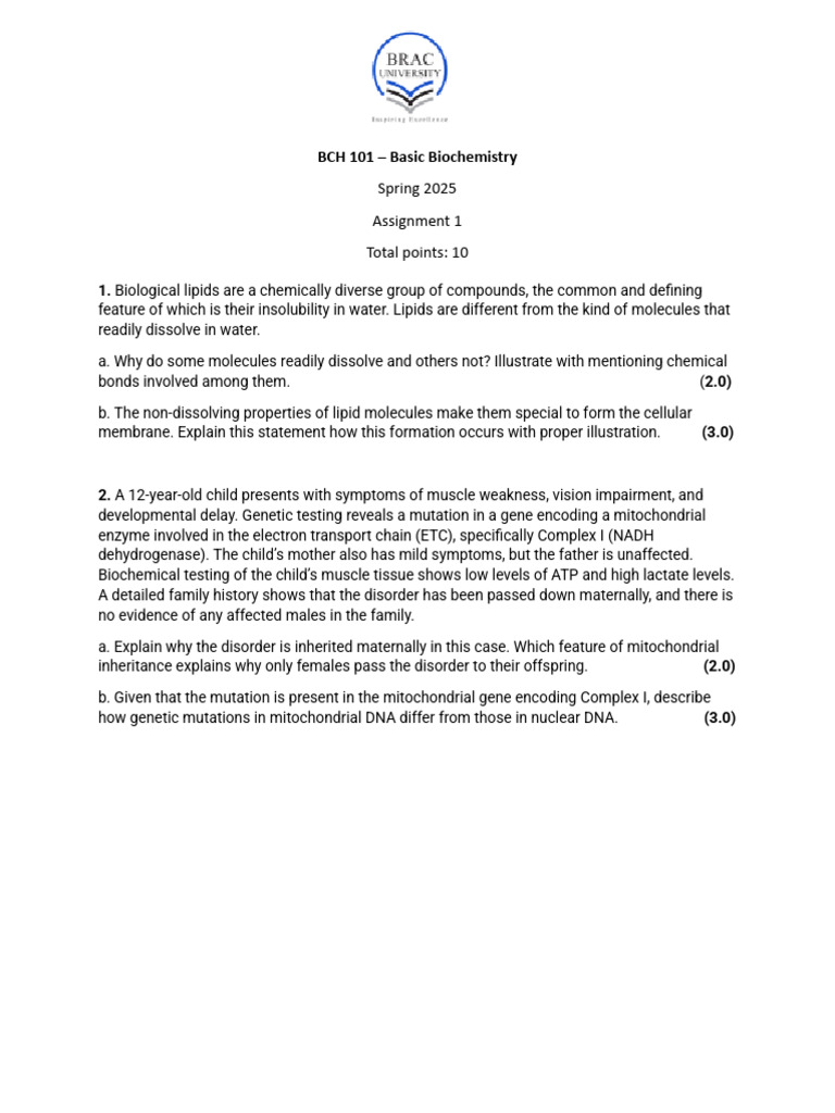 BCH 101 - Assignment 1 | PDF