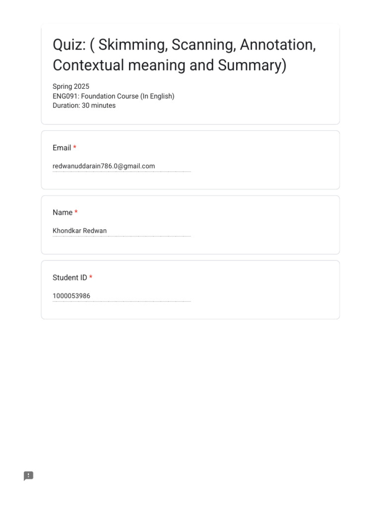 Quiz - (Skimming, Scanning, Annotation, Contextual Meaning and S | PDF | Speed Reading | Cognition
