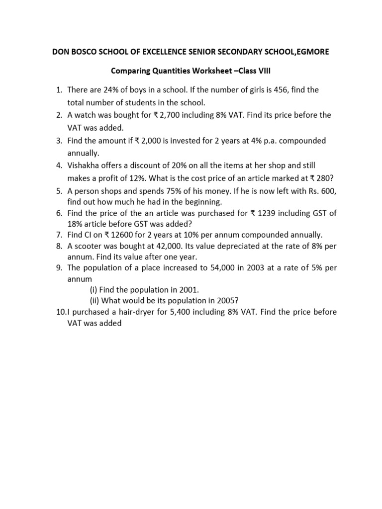Comparing Quantities 8th STD | PDF