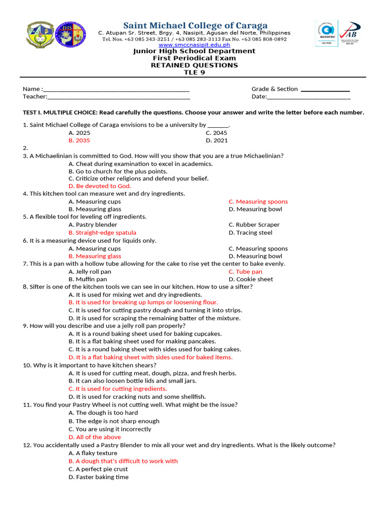TLE 9 Periodical Exam Questions | PDF | Baking | Cuisine