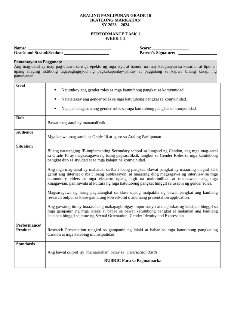 Ap 10 - Q3 - PT1 - Grasp - Gender Roles | PDF