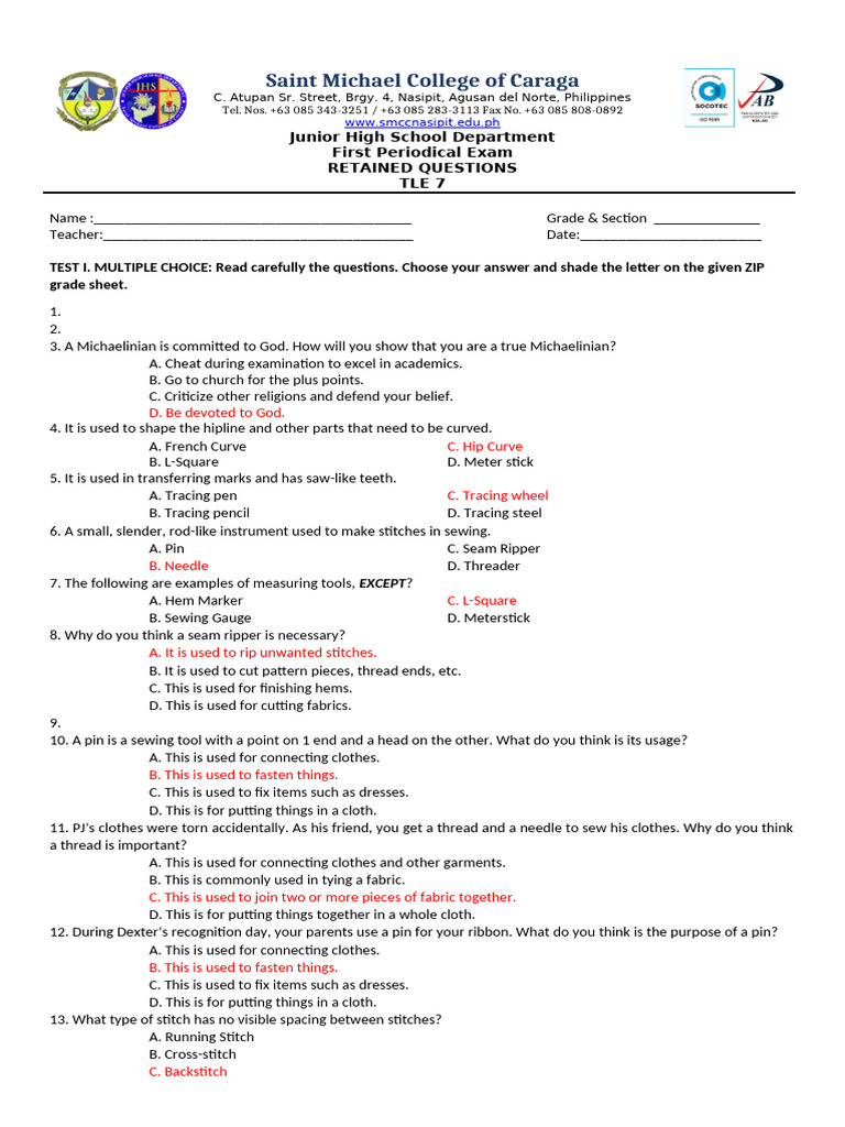 Tle 7 First Grading Periodical Exam Retained Questions - 2023-2024 ...