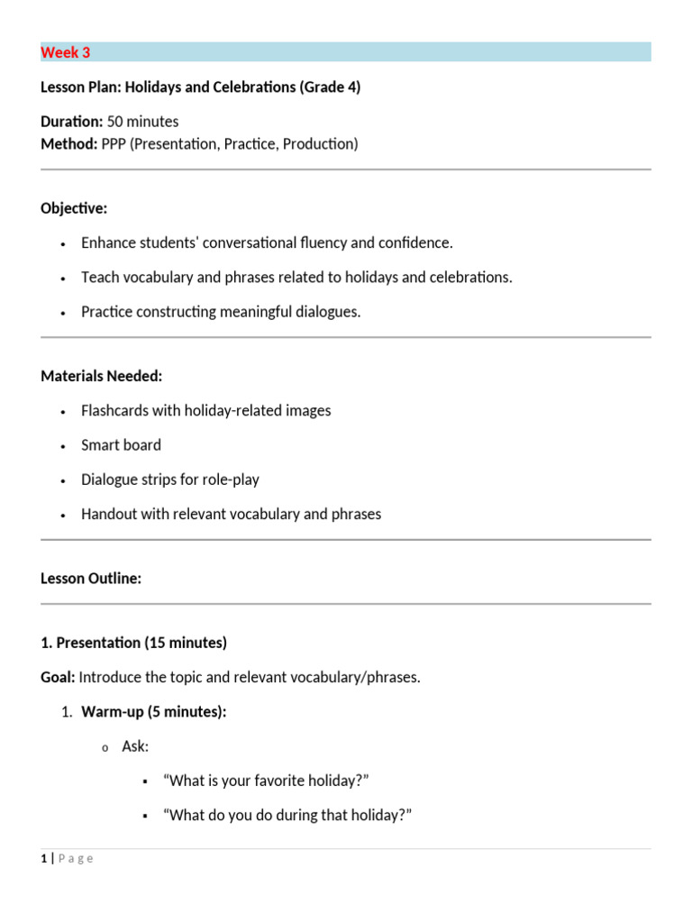 Grade 4 Lesson Plan: Holidays & Celebrations | PDF | Holidays | Vocabulary