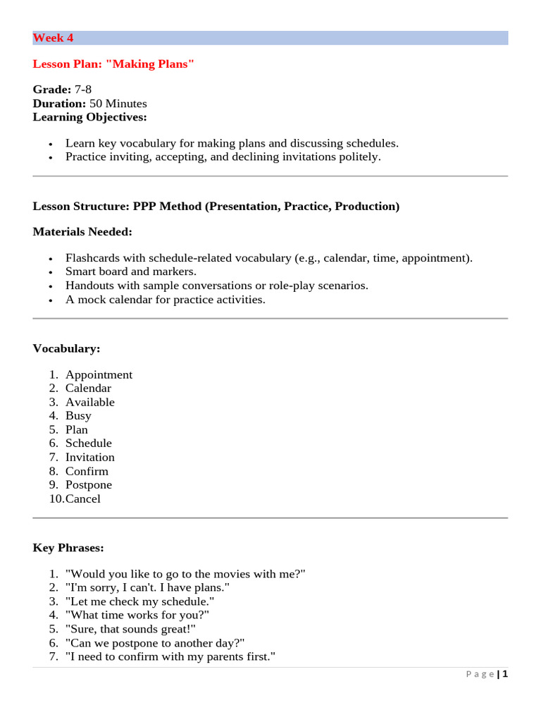 Lesson Plan: Making Plans for Grades 7-8 | PDF | Vocabulary | Communication