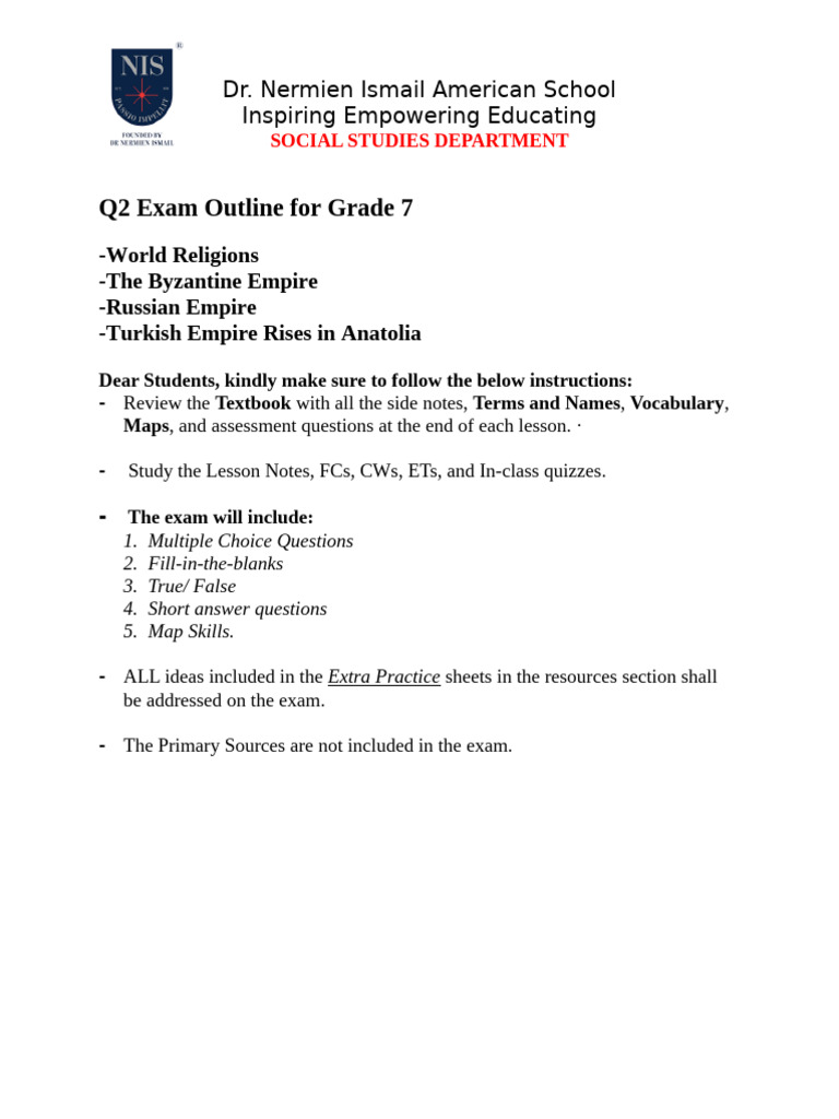 Q2 Exam Outline For Grade 7: - World Religions - The Byzantine Empire ...