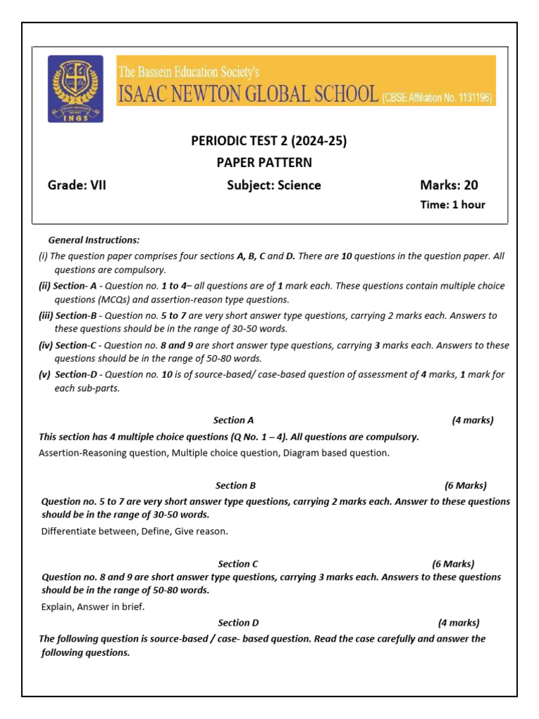 Grade VII Science Periodic Test 2 Format | PDF