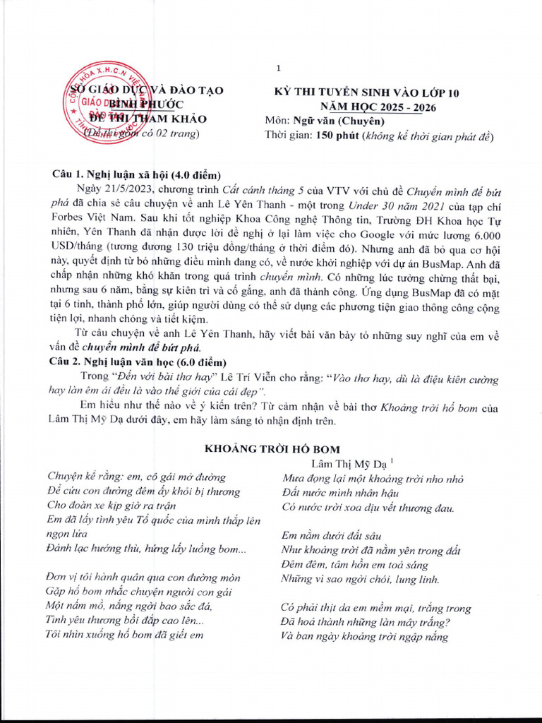 De Tham Khao Thi Vao Lop 10 Mon Ngu Van Chuyen Nam 2025 2026 So GD DT Binh Phuoc | PDF