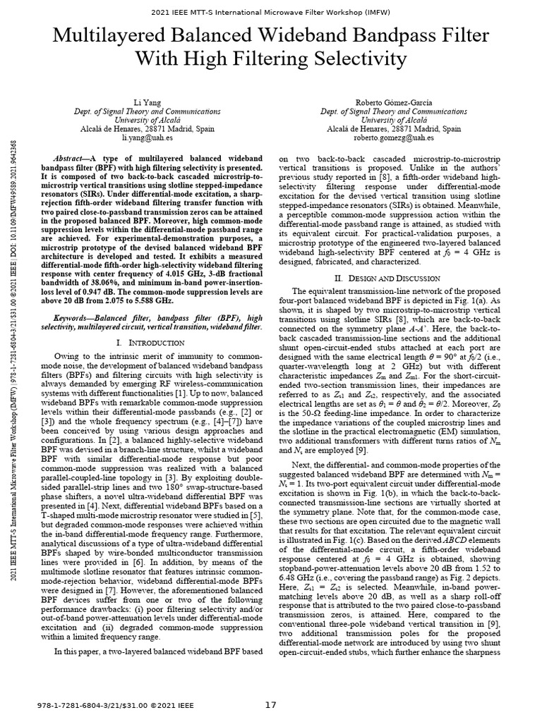 Multilayered - Balanced - Wideband - Bandpass - Filter - With - High - Filtering - Selectivity ...