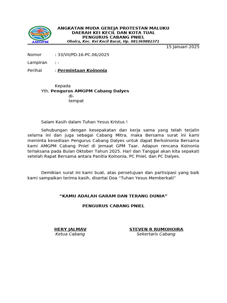 Permintaan Koinonia AMGPM Pniel | PDF