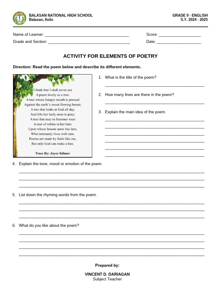 Grade 9 English Poetry Activity Guide | PDF | Poetry | Poems