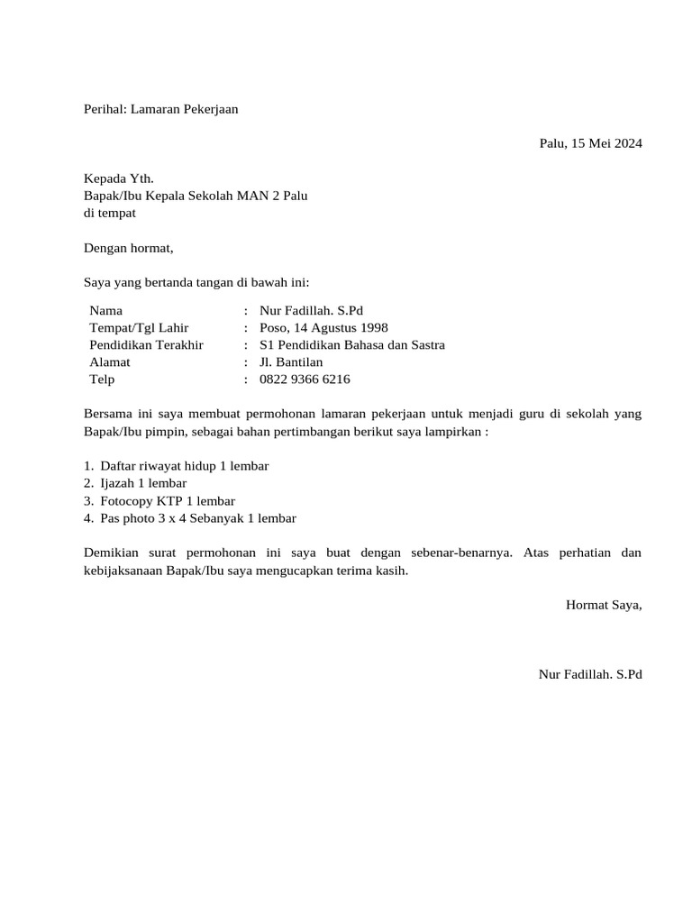 HARIS Contoh-Surat-Lamaran-Kerja-Guru-Sd-Umum | PDF