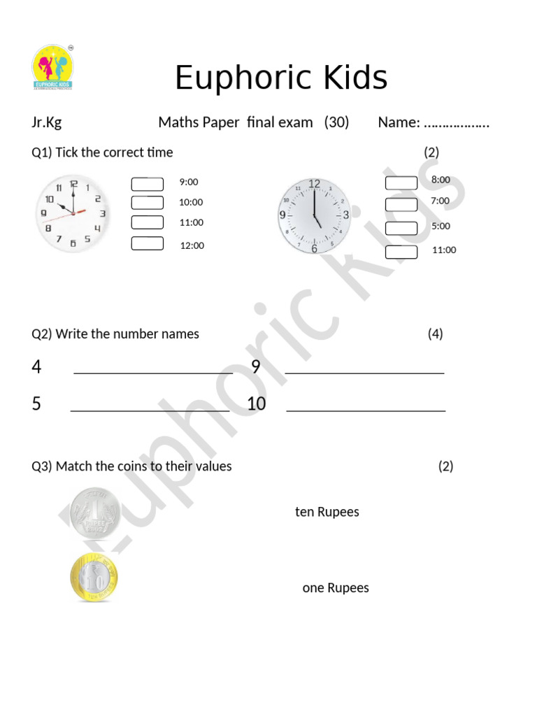Jr.KG Maths Final Exam Paper | PDF