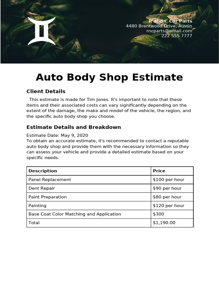 Auto Body Shop Estimate | PDF
