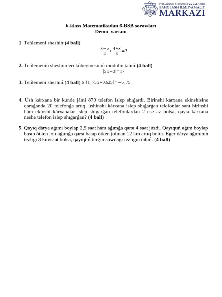 III sherek 6-klass Matematika ixtisos 6 BSB DEMO variant | PDF
