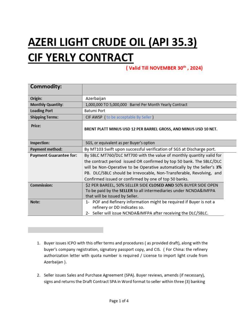 Azeri Light Crude Oil CIF Contract Details | PDF | Letter Of Credit