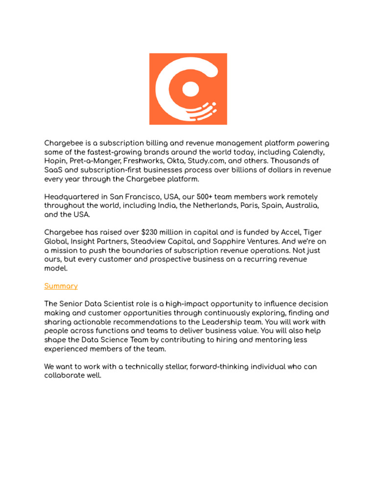 Data Scientist (Any Location-Remote) - Chargebee-1 | PDF | Data Science