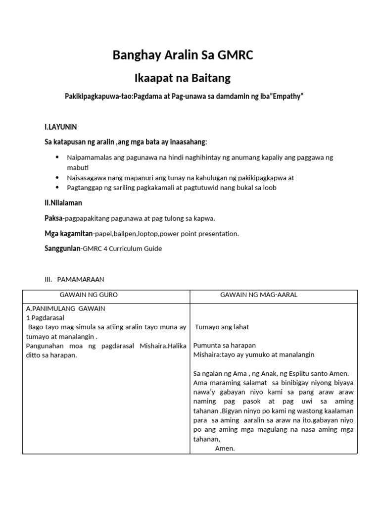 Banghay Aralin Sa GMRC-2 | PDF