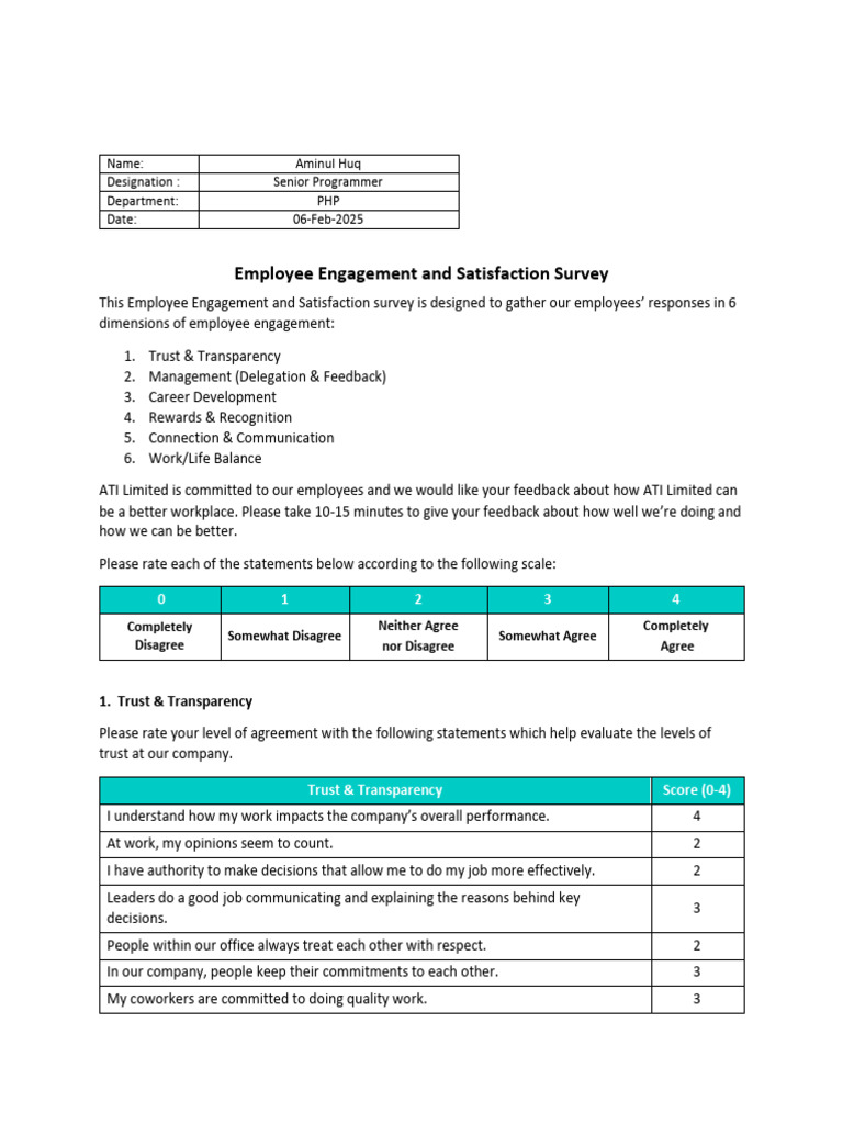 10.employee Engagement Satisfaction Survey | PDF | Leadership ...