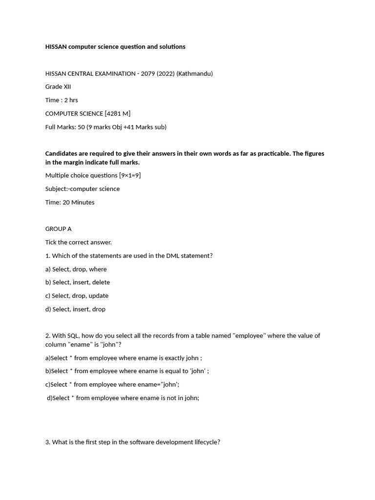 HISSAN Computer Science Question and Solutions | PDF | Virtual Reality | Computing