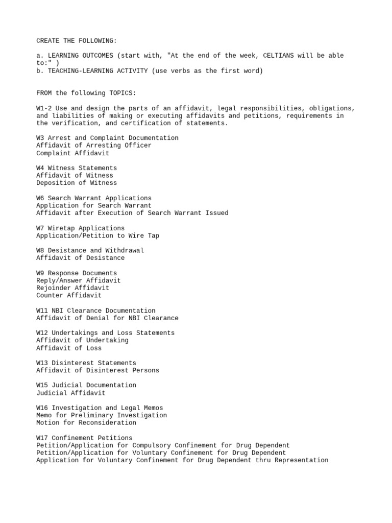 Topics and Learning Outcomes and Tla Legal Forms New 2ND Sem 2425 | PDF ...