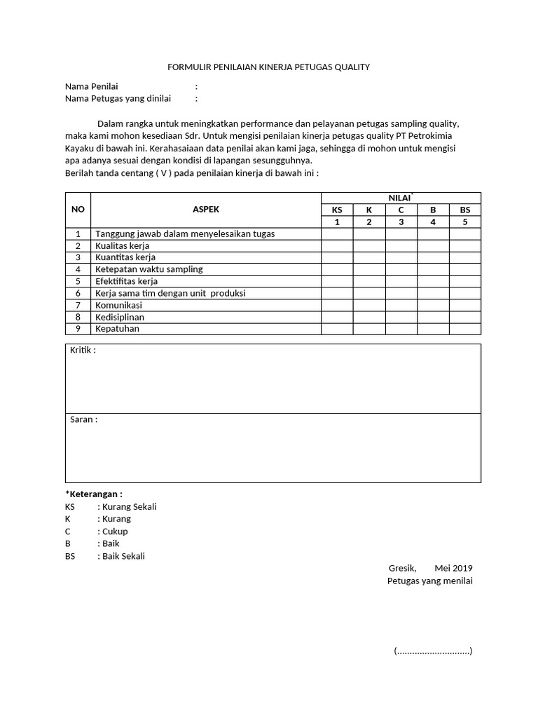 Formulir Penilaian Kinerja Petugas Quality | PDF