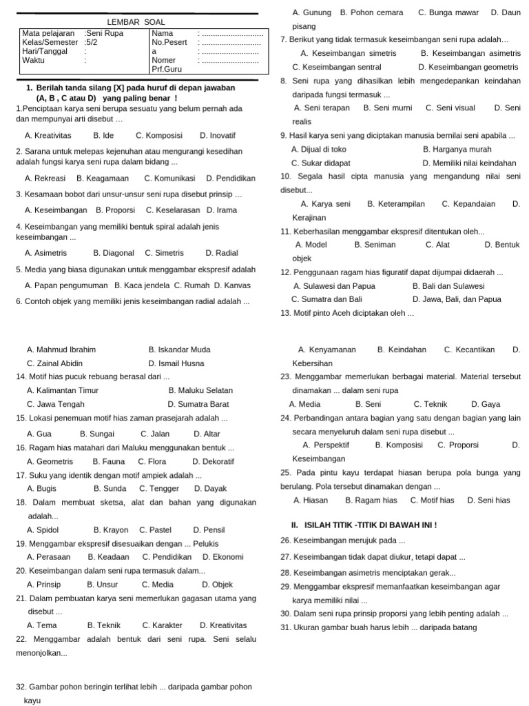 Soal STS Seni Rupa KLS 5 | PDF