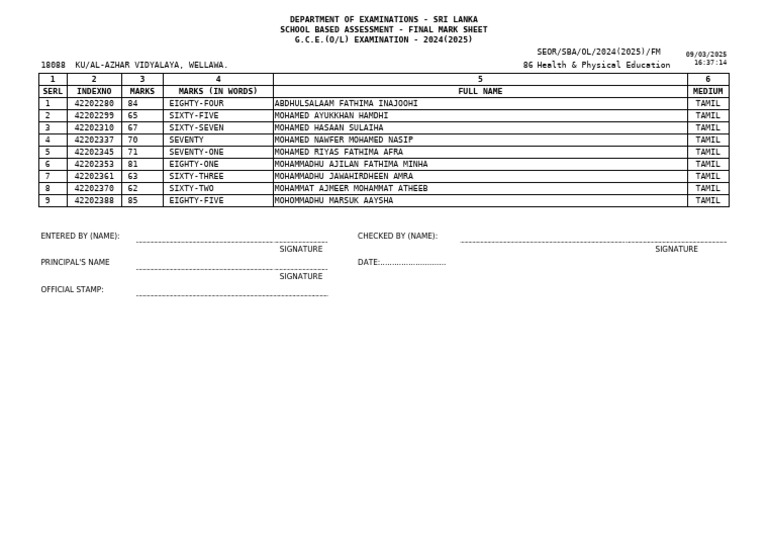 Entered by (Name) : Checked by (Name) : Signature Signature Principal'S ...
