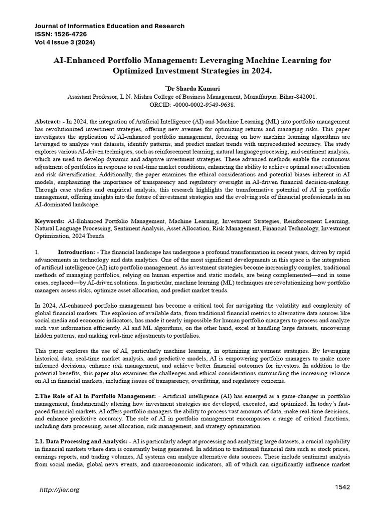 AI-Enhanced Portfolio Management: Leveraging Machine Learning For ...