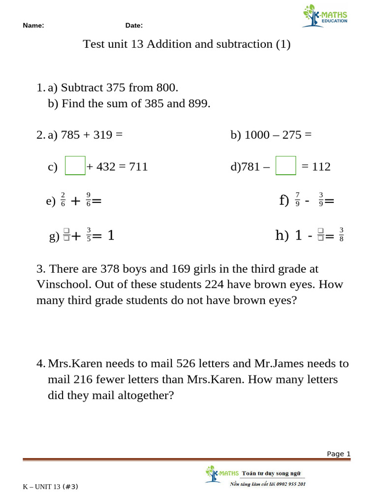 Year 3 Addition and Subtraction Test | PDF | Arithmetic | Mathematics