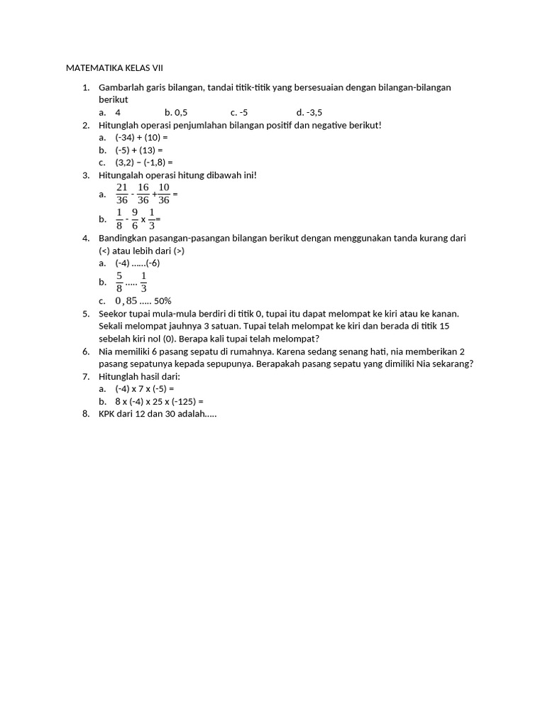 Soal PTS MTK Kelas 7 Sem 1 | PDF