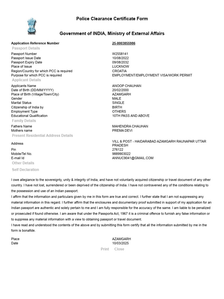 Police Clearance Certificate Form | PDF | Passport | Government