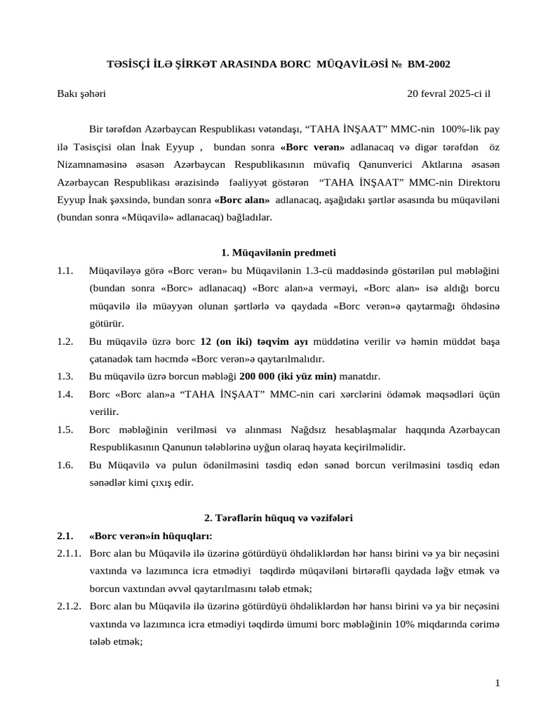 Borc Müqaviləsi 20.02.2025 | PDF