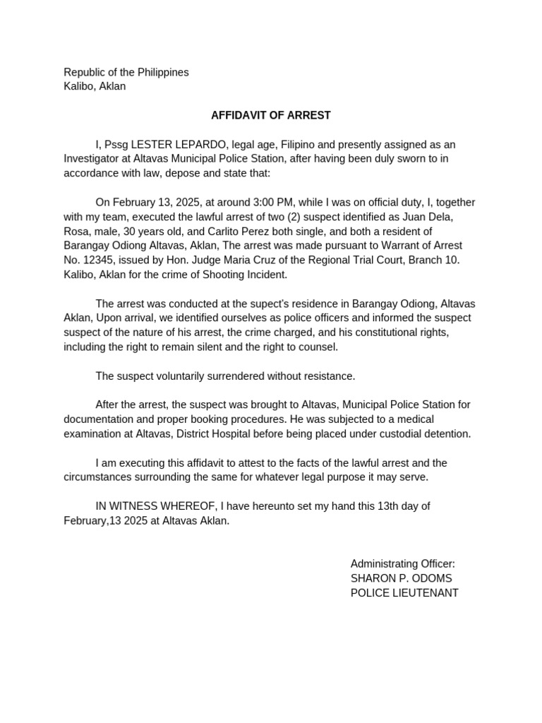 Affidavit of Arrest in Aklan, Philippines | PDF