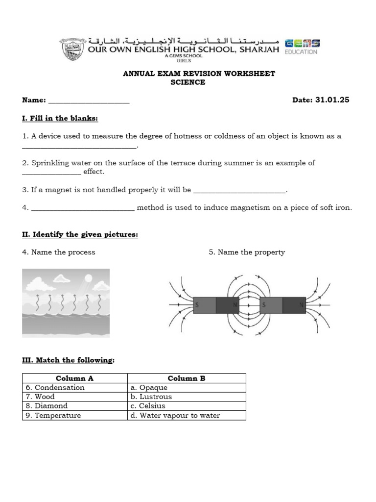 Science Annual Exam Revision Worksheet | PDF | Thermometer | Water
