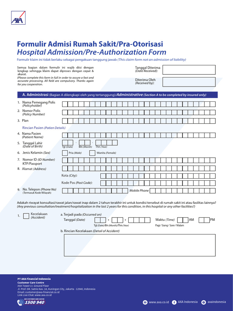 Formulir Admisi Rumah Sakit Pra-Otorisasi (Khusus Maestro Elite Care) - AFI-2022 | PDF
