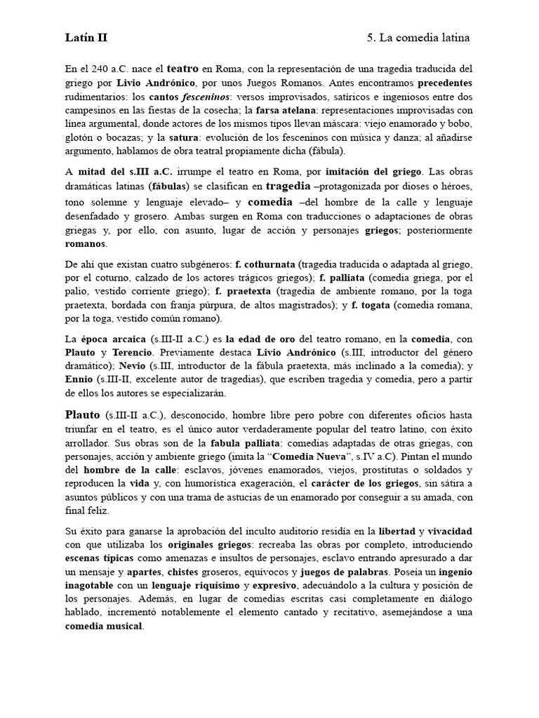 Latín II Unidad 5. La Comedia Latina | PDF | Comedia