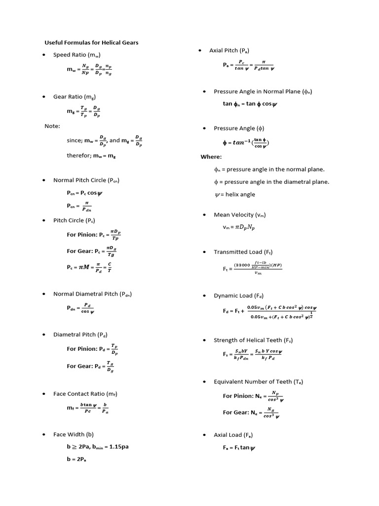 EDITED VERSION Useful Formulas For Helical Gears | PDF | Gear | Applied ...