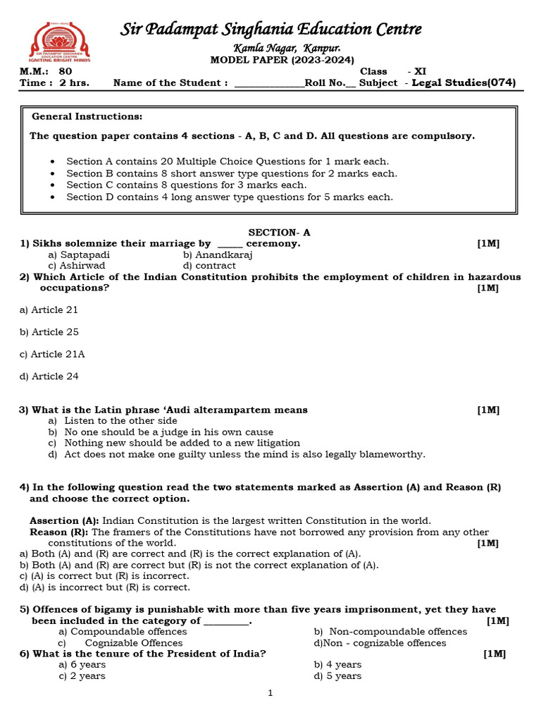 Class 11 LS Model Paper | PDF | Precedent | Tort
