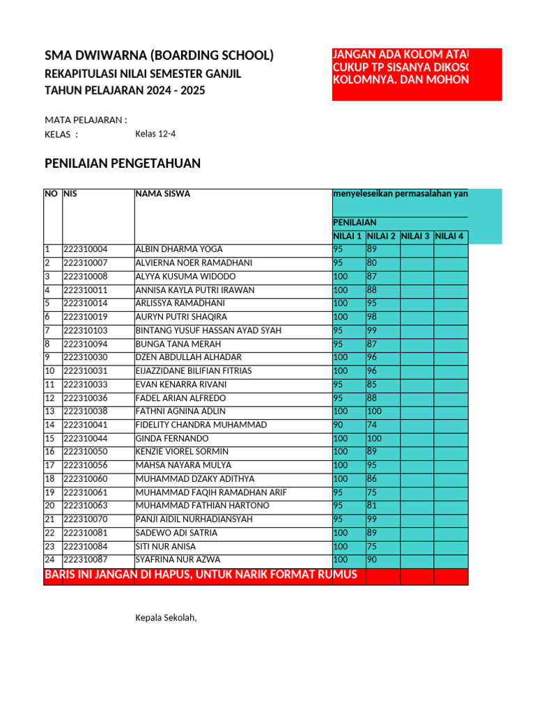Nilai Mapel Matematika Umum Sem Ganjil T.P. 2024-2025 Kelas XII-4 | PDF