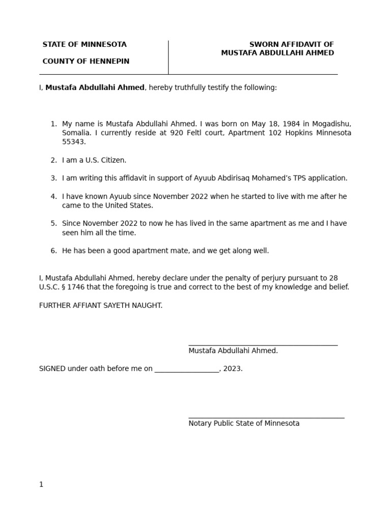 Affidavit Supporting TPS Application | PDF