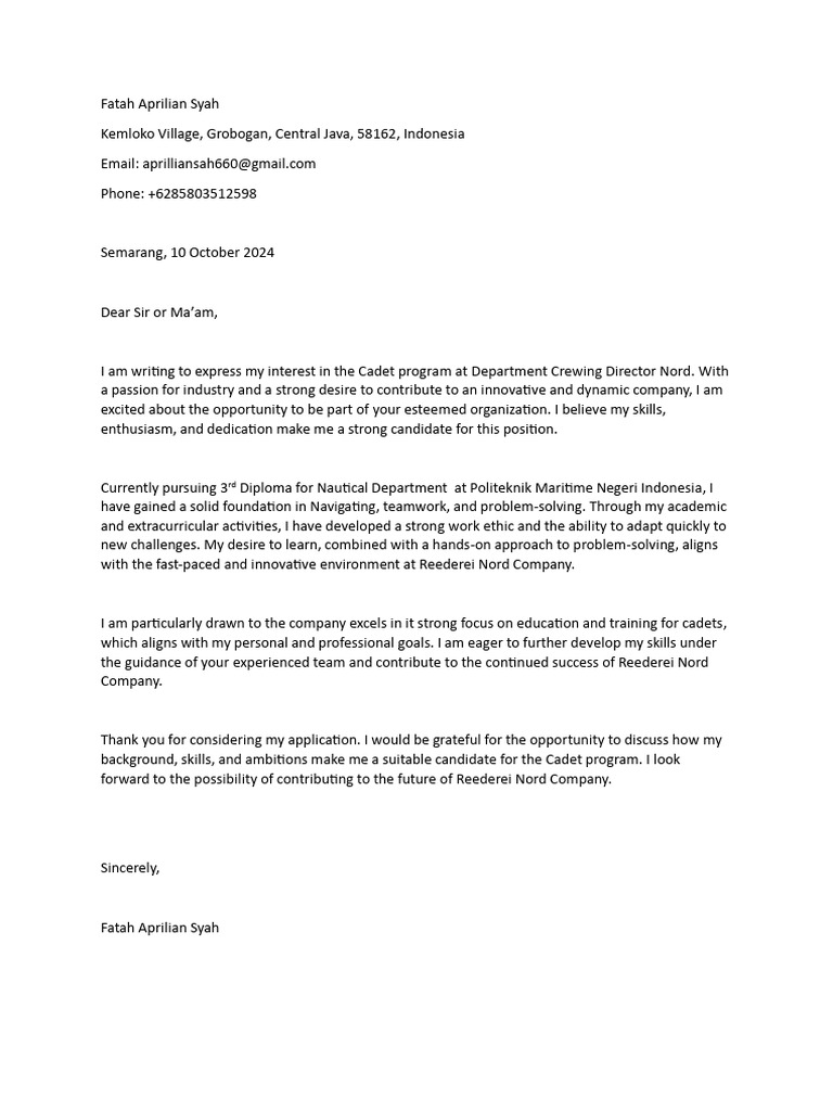 Cadet Fatah Aprilian Syah's Motivation Letter | PDF
