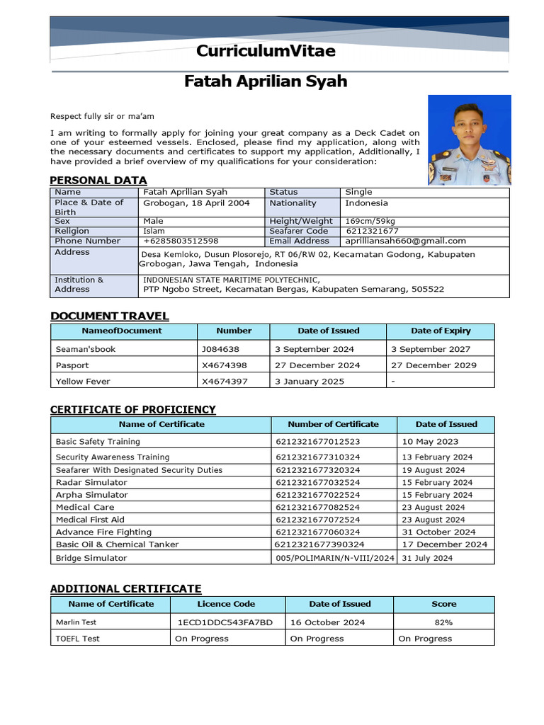 CV Cadet Deck Fatah Aprilian Syah | PDF | Shipping