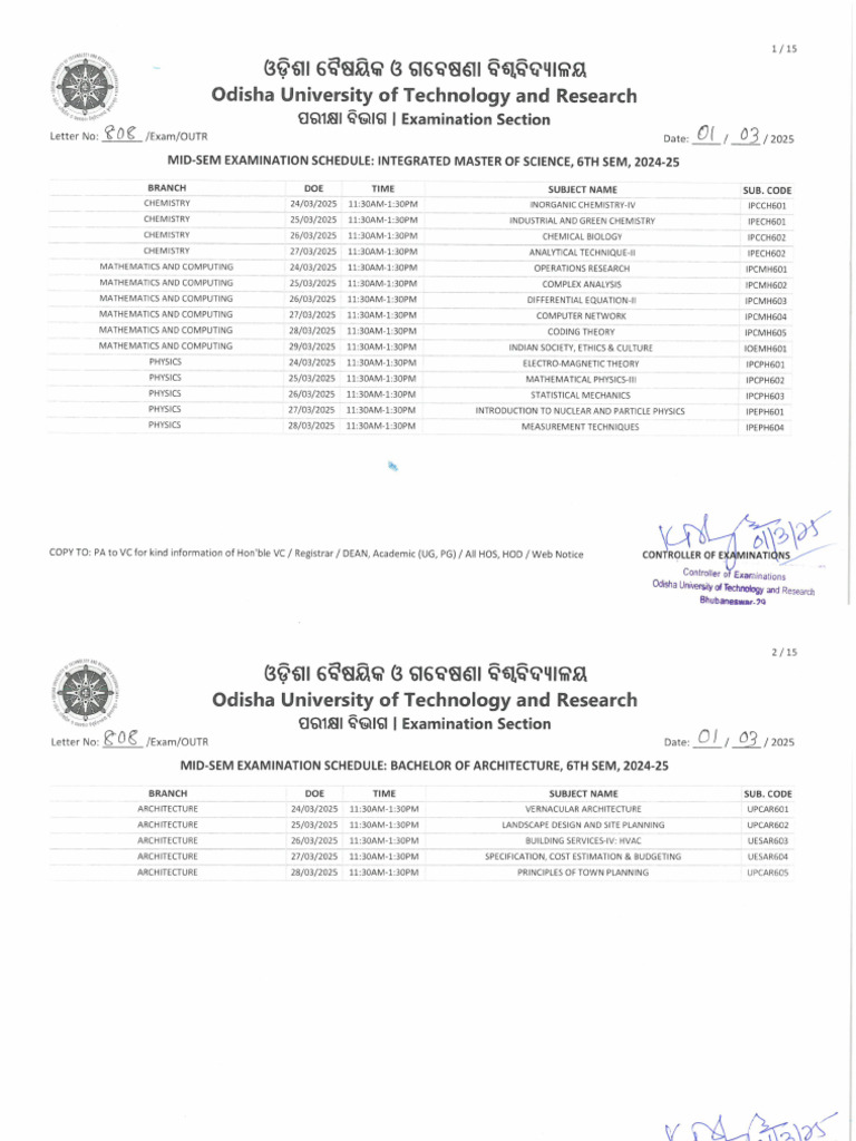 6th Sem Mid-Semester Exam Schedule 2024-25 | PDF