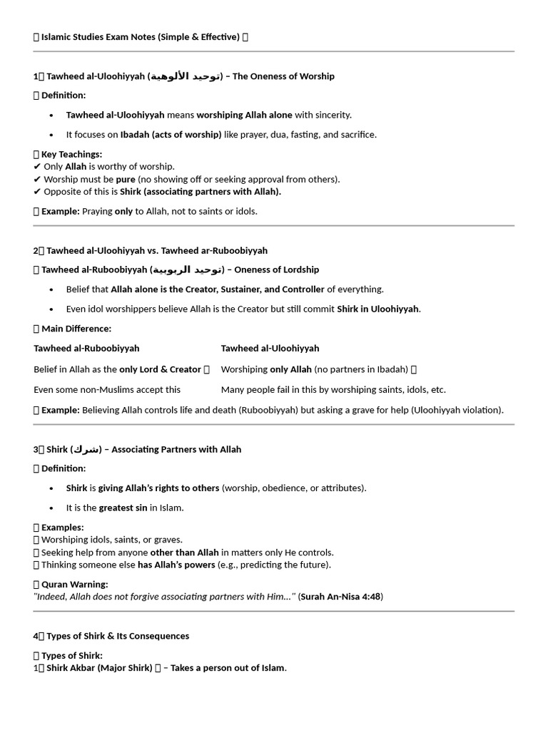 Islamic Studies Exam Notes Guide | PDF | Tawhid | Monotheistic Religions