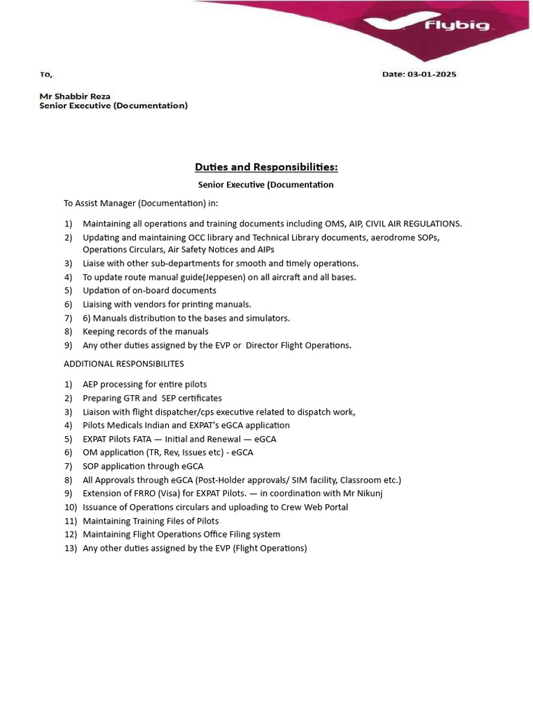 Duties and Responsibilities. Shabbir Reza | PDF
